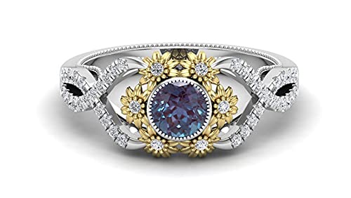 2 1/2 CT Round Shape Simulated Violet Alexandrite & White Cubic Zirconia Floral Wedding Engagement Ring in 14K White Gold Plated 925 Sterling Silver (2.50 Cttw) Ring Size - 6