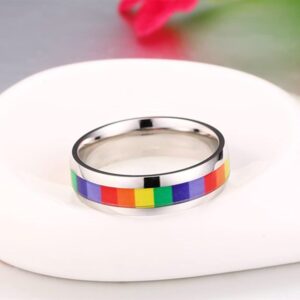 6mm Wide Square Rainbow LGBT Pride Band Rings Chuky Thick Black Enameled Stainless Steel Eternity Promise Statement Engagement Couple Rings Love is Love Finger Knuckle Rings Boyfriend Girlfriend Christmas Valentines Gifts (Silver, 8)