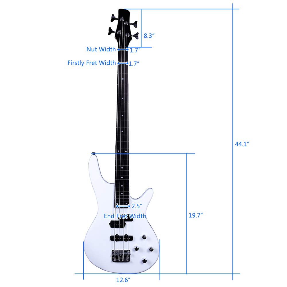 Trlec 4 String GJazz Electric Bass Guitar Full Size Right Handed, with Power Line and Wrench Tool,White