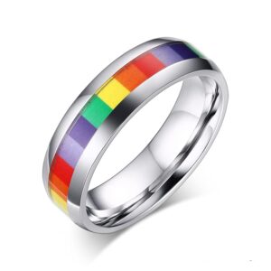 6mm wide square rainbow lgbt pride band rings chuky thick black enameled stainless steel eternity promise statement engagement couple rings love is love finger knuckle rings boyfriend girlfriend christmas valentines gifts (silver, 8)