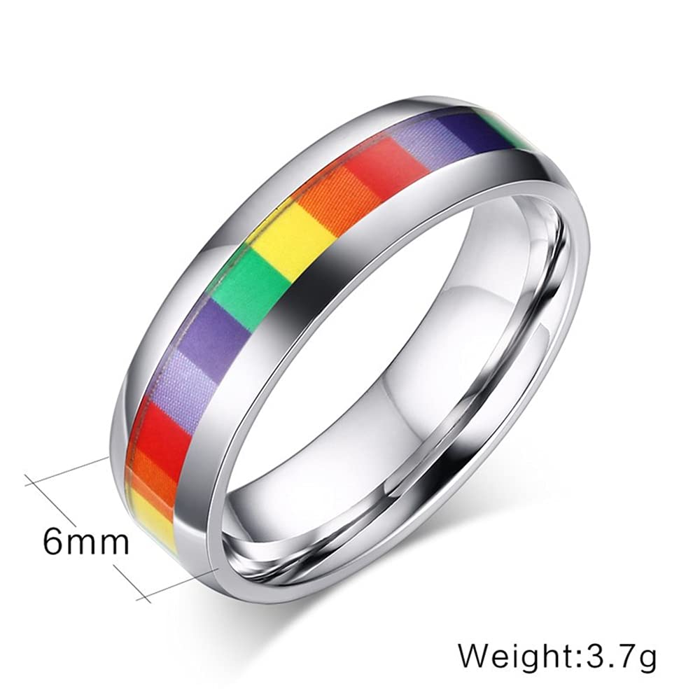 6mm Wide Square Rainbow LGBT Pride Band Rings Chuky Thick Black Enameled Stainless Steel Eternity Promise Statement Engagement Couple Rings Love is Love Finger Knuckle Rings Boyfriend Girlfriend Christmas Valentines Gifts (Silver, 8)