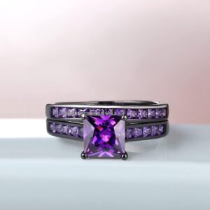 PB Collection Solid Black Rhodium Plated 925 Sterling Silver Princess Cut Purple Amethyst Stackable Promise Wedding Bridal Ring Set 11