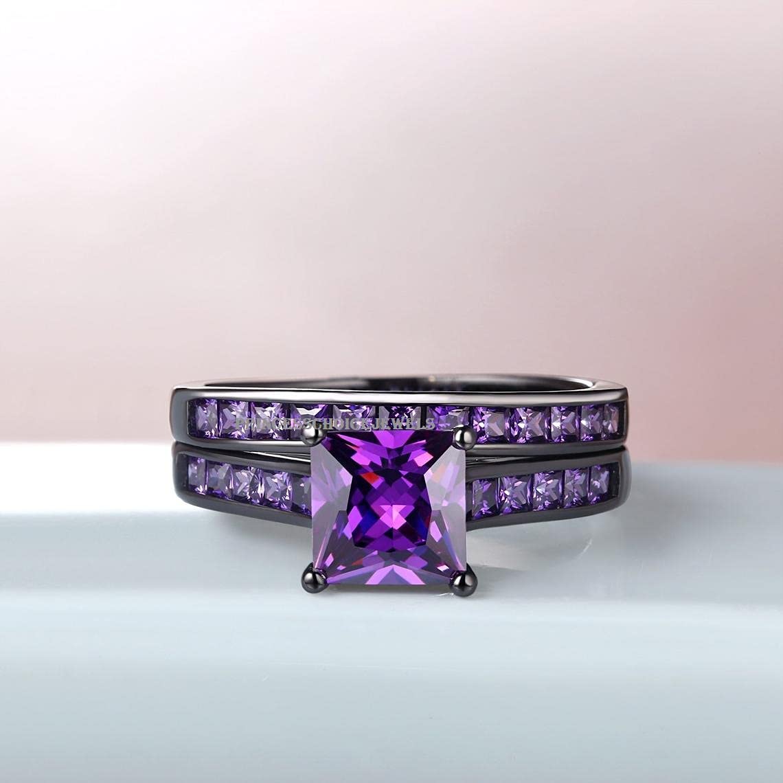 PB Collection Solid Black Rhodium Plated 925 Sterling Silver Princess Cut Purple Amethyst Stackable Promise Wedding Bridal Ring Set 7