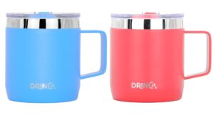 drinco 14 oz coffee mug, vacuum insulated camping mug with lid, double wall stainless steel travel mug insulated tumblers coffee mugs coffee cups tea cup (combo, combo 14oz blue+red)