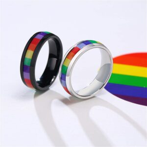 6mm Wide Square Rainbow LGBT Pride Band Rings Chuky Thick Black Enameled Stainless Steel Eternity Promise Statement Engagement Couple Rings Love is Love Finger Knuckle Rings Boyfriend Girlfriend Christmas Valentines Gifts (Silver, 8)