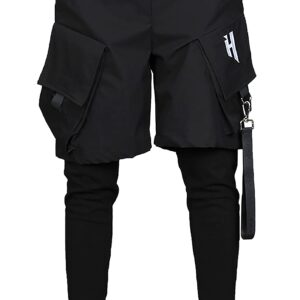 Yonititeee Mens Multi Pockets with Straps Cargo Techwear Joggering Pants Black Waist 34-35 Inches