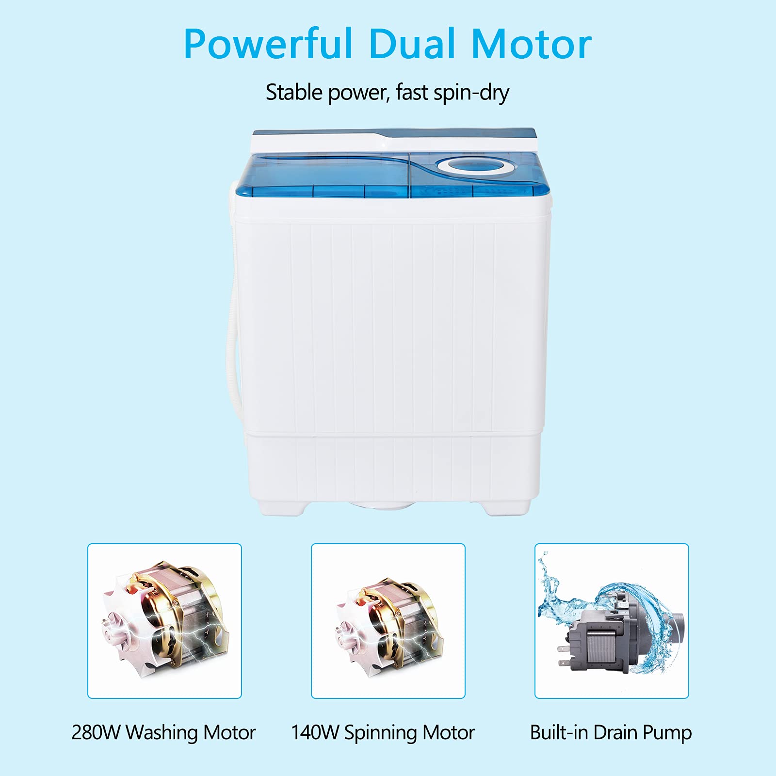 COSTWAY Portable Washing Machine, Twin Tub 26 Lbs Capacity, 18 Lbs Washer and 8 Lbs Spinner, Compact Washer with Control Knobs, Timer Function, Drain Pump, Laundry washer for Apartment RV, Blue