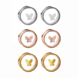 jboyanpei 6pcs/3pair cute butterfly ear gauges plugs stretching kit tunnels stainless steel screw on double flared expander size 10mm