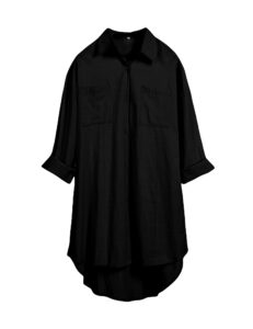 bianstore women's oversized linen shirts blouses tops long sleeve high low button up shirts (black-m)