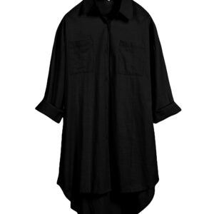 Bianstore Women's Oversized Linen Shirts Blouses Tops Long Sleeve High Low Button Up Shirts (Black-M)