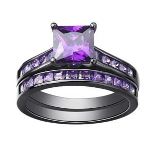 pb collection solid black rhodium plated 925 sterling silver princess cut purple amethyst stackable promise wedding bridal ring set 11