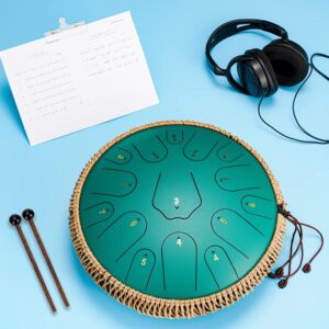 steel tongue drum- chunfeng 14 inches 15 note,tongue drum instrument-steel drums for adults-hand pan drums with music book,handpan tongue drum mallets and carry bag,c major(green)