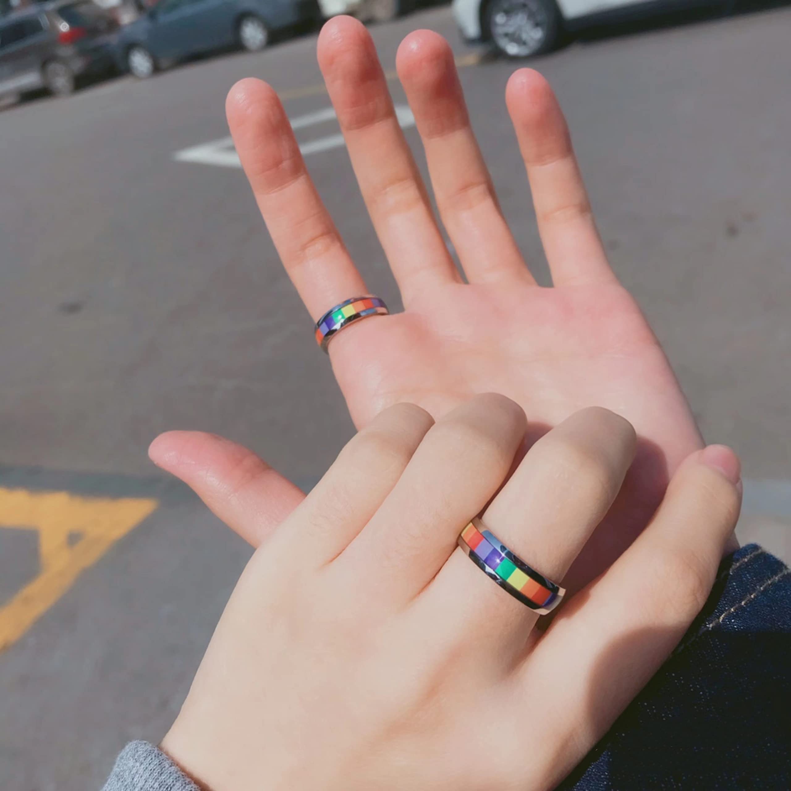 6mm Wide Square Rainbow LGBT Pride Band Rings Chuky Thick Black Enameled Stainless Steel Eternity Promise Statement Engagement Couple Rings Love is Love Finger Knuckle Rings Boyfriend Girlfriend Christmas Valentines Gifts (Silver, 8)