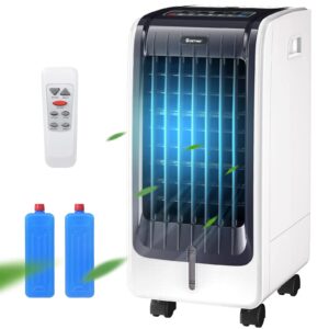 costway portable evaporative air cooler for room, include remote control, 2 ice packs, portable bladeless fan with 3 modes, 3 speeds, 8h timer, led display, air cooler for indoor use, bedroom (white)