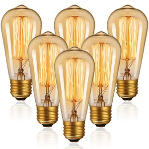 torchstar vintage edison light bulbs 60w, st64 edison bulb dimmable, antique squirrel cage bulbs, e26 base, 2200k amber warm, vintage light bulb for pendant light, no flicker, amber glass, pack of 6