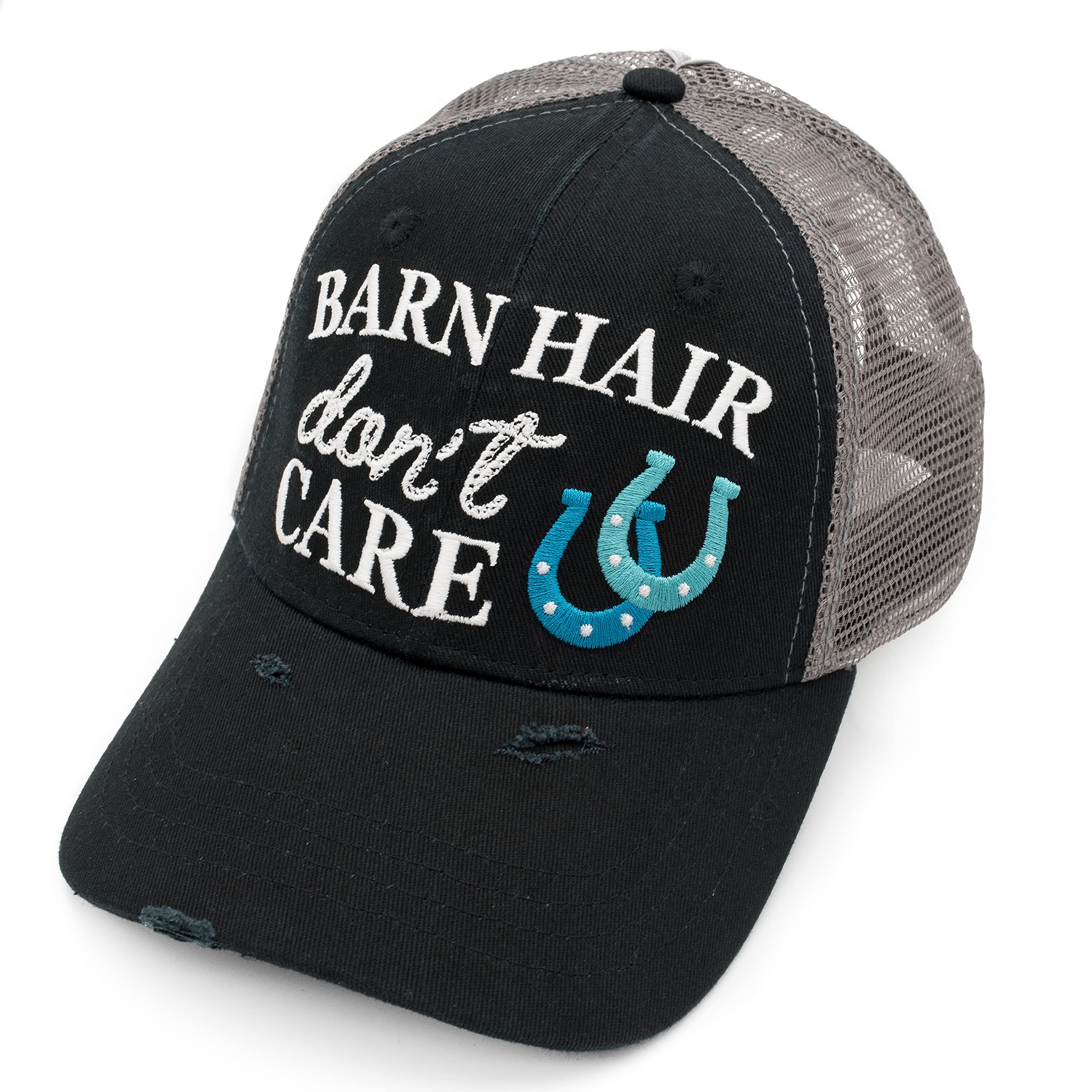 Lifecraft Barn Hair Dont Care Embroidered Distressed Womens Ponytail Trucker Hat Blue