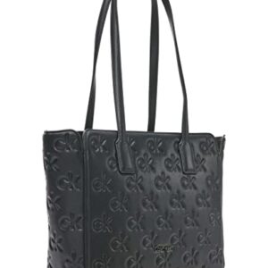 Calvin Klein Noa Top Zip Tote, Black/Gunmetal Twin Brick Embossed