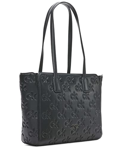 Calvin Klein Noa Top Zip Tote, Black/Gunmetal Twin Brick Embossed