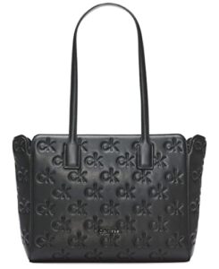 calvin klein noa top zip tote, black/gunmetal twin brick embossed