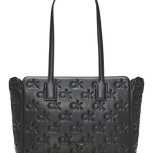 Calvin Klein Noa Top Zip Tote, Black/Gunmetal Twin Brick Embossed