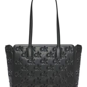 Calvin Klein Noa Top Zip Tote, Black/Gunmetal Twin Brick Embossed