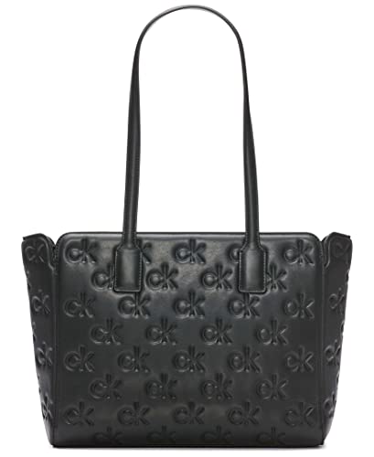 Calvin Klein Noa Top Zip Tote, Black/Gunmetal Twin Brick Embossed