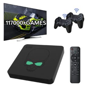 kinhank super console x king built-in 117,000+ games, mini video game console android 9.0/emuelec 4.5/coreelec 3 system in1, s922x chip, remote control,2 wireless controller(256g)