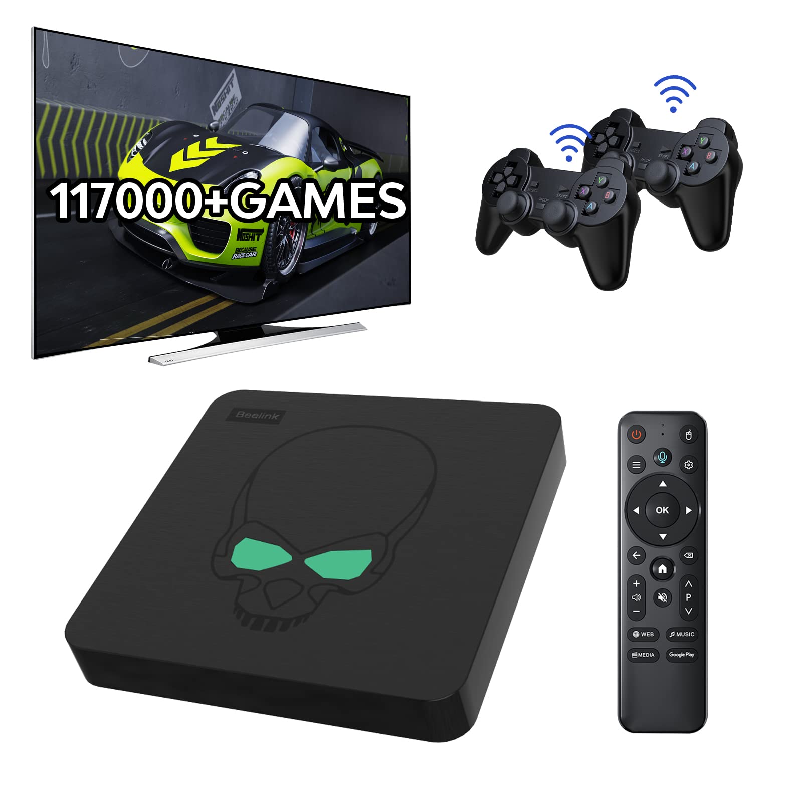 Kinhank Super Console X King Built-in 117,000+ Games, Mini Video Game Console Android 9.0/EmuELEC 4.5/CoreELEC 3 System in1, S922X Chip, Remote Control,2 Wireless Controller(256G)