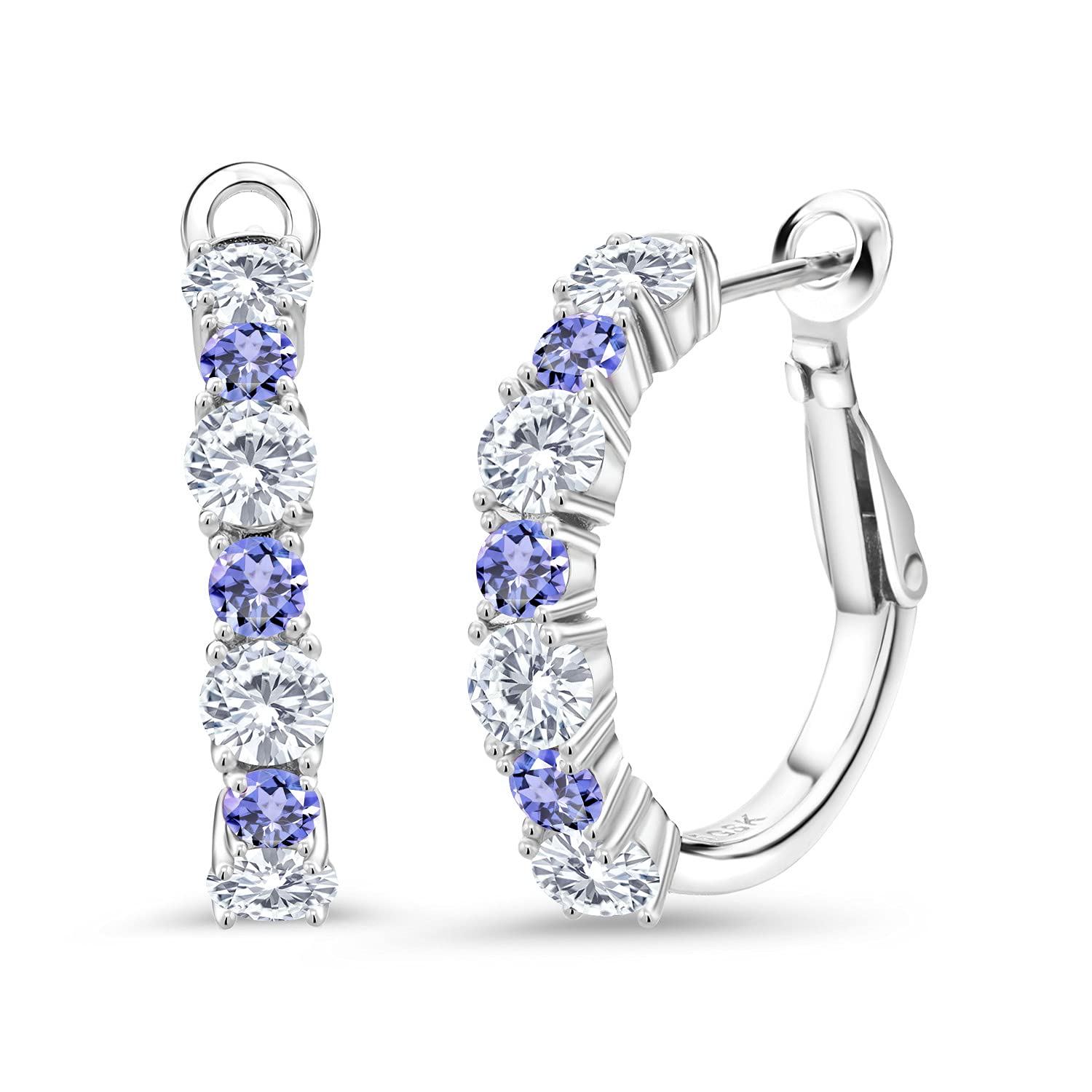 Gem Stone King 925 Sterling Silver White Moissanite and Blue Tanzanite Hoop Earrings For Women (2.74 Cttw, Gemstone Birthstone, Round 4MM and 3MM)