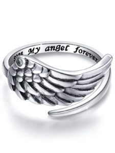 ladytree feather guardian angel wings ring for women memorial sterling silver purity adjustable open thumb rings jewelry miscarriage memory for mother mom daughter size 7