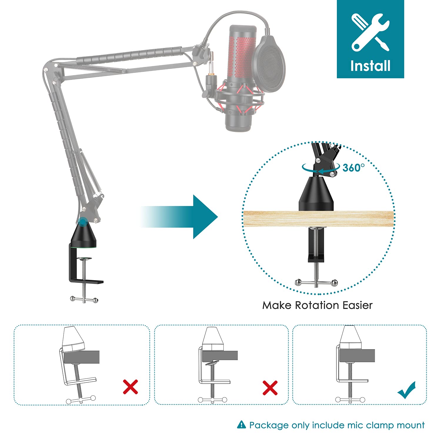 YOUSHARES Table Mount Clamp for Mic - Boom Arm Clamp for Microphone Arm Stand with Adjustable Screw, the Maximum Gap is 6cm/2.36 inch