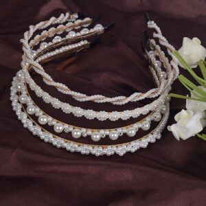 10 PCS Pearls Headband, Rhinestones, Gold Metal Headbands, White Hairbands Leaf Decor Metallic Butterfly Flower Chained Bridal Hair Hoop, Wedding Hair Accessories for Women Girls ¡­