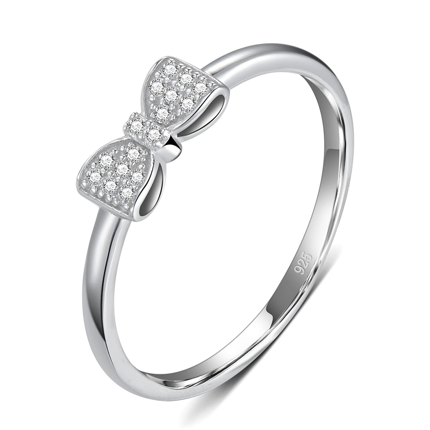 BORUO 925 Sterling Silver Ring, Classic Bow Forever Love Knot Promise Rings Cubic Zirconia CZ Wedding Band Size 5