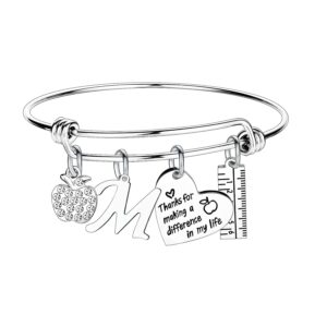 nzztont teacher gifts for women teacher initial bangle bracelet teacher appreciation gifts thank you gifts for teachers (m)