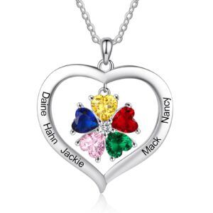 personalized names forever love heart women necklace with 1-8 simulated birthstone pendant necklaces for grandma family promise jewelry birthday gift for her mom wife (5 stones)