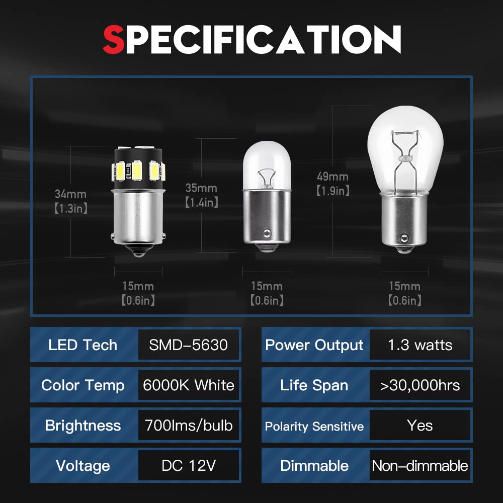 VEHICODE 12V White 67 89 97 631 5007 5008 R5W R10W 1156 LED Bulb Mini BA15S for Car License Plate Reverse Under Hood RV 1003 1141 Interior Dome Light Motorcycle 7506 P21W Signal Lamp (2 Pack)