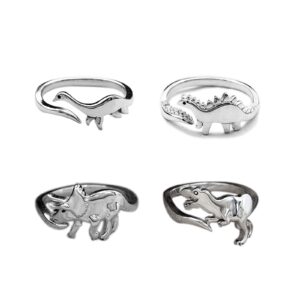 caiyao 4pcs cute dinosaur tyrannosaurus triceratops ring set 14k silver plated lovely opening adjustable polished animal ring for women men jurassic bar era dinosaur jewelry gift-a 4pcs