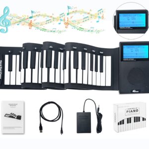 SURNUO Portable Roll Up 88 Keys Piano Keyboard with LCD Display, Digital Electric Hand Roll Piano Keyboard with 2000mAh Rechargeable Battery Christmas Gifts