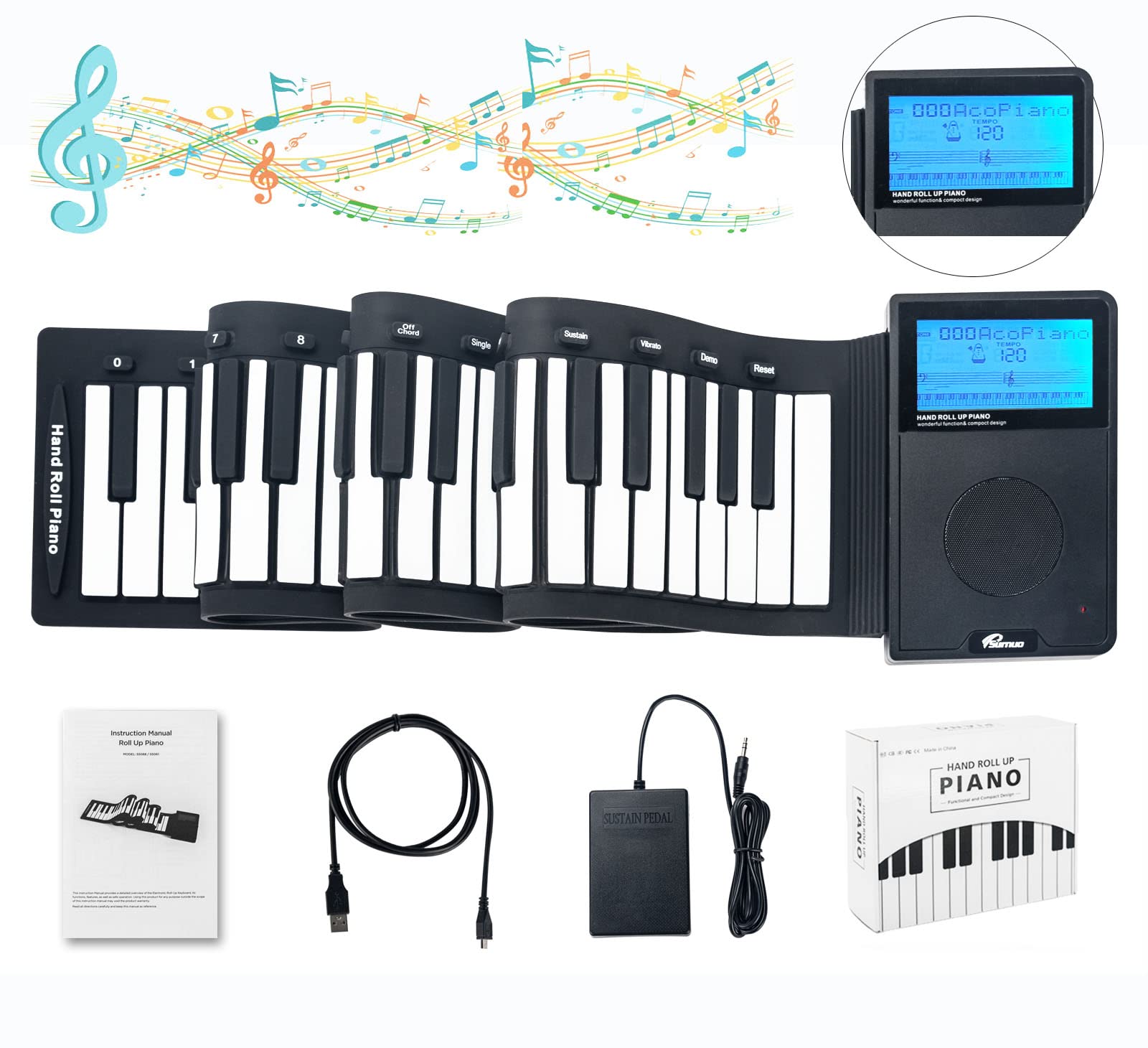 SURNUO Portable Roll Up 88 Keys Piano Keyboard with LCD Display, Digital Electric Hand Roll Piano Keyboard with 2000mAh Rechargeable Battery Christmas Gifts