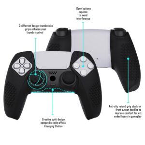 PlayVital 3D Studded Edition Ergonomic Soft Controller Silicone Case Grips for ps5 Compatible with Charging Station Rubber Protector Skins with 6 Thumbstick Caps for ps5 Controller – Black