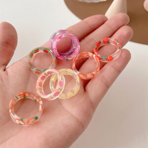 HUIOWSR SWERTY Resin Rings Acrylic Cute Rings Set, Colorful Rings Knuckle Transparent Stacking Rings Aesthetic Funny Fruit Plastic Rings Stackable Chunky Ring for Girls Gift