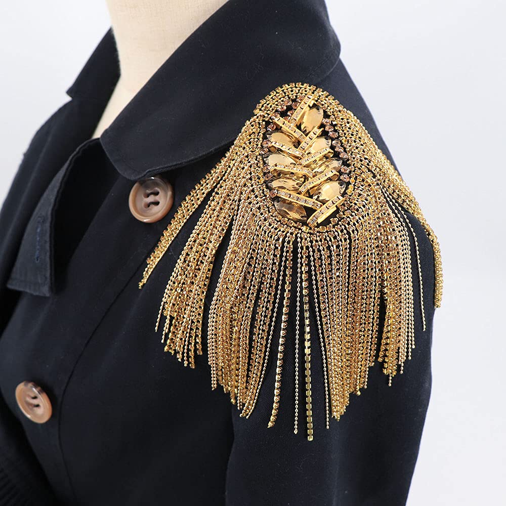 Tassel Shoulder Epaulets Rhinestone Epaulettes Gold Blazer Shoulder Epaulete Costumes Suit Shoulder Prooch Pin Badge for Mem Women Gold By Pair