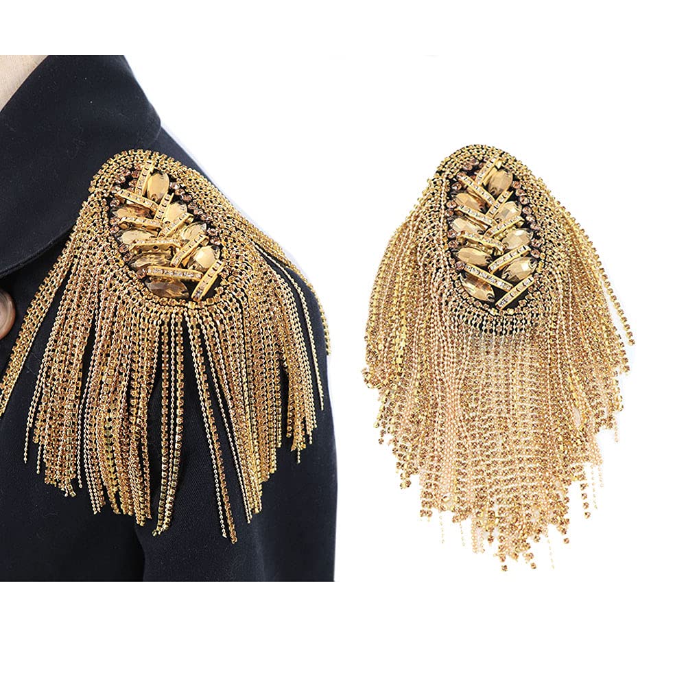 Tassel Shoulder Epaulets Rhinestone Epaulettes Gold Blazer Shoulder Epaulete Costumes Suit Shoulder Prooch Pin Badge for Mem Women Gold By Pair