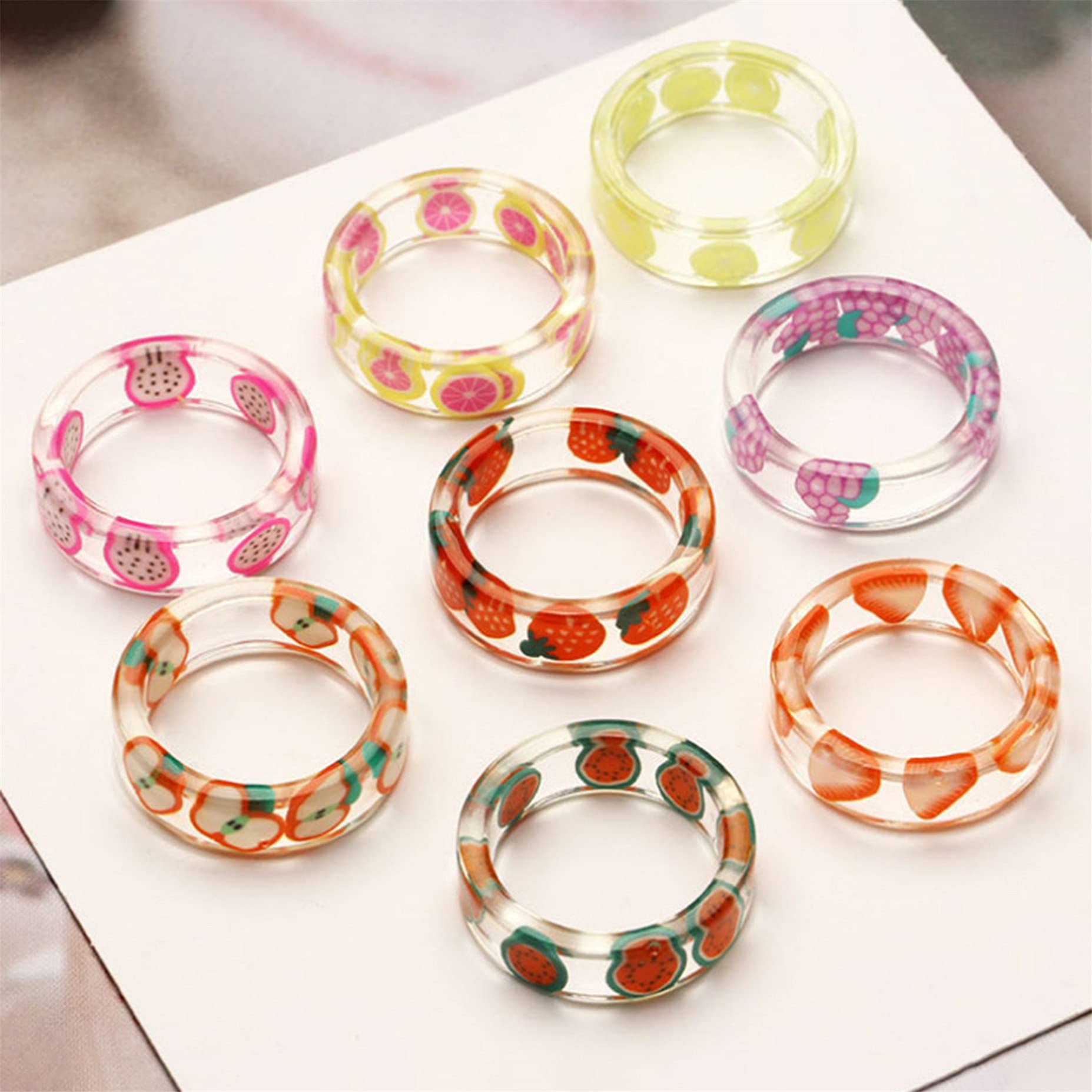 HUIOWSR SWERTY Resin Rings Acrylic Cute Rings Set, Colorful Rings Knuckle Transparent Stacking Rings Aesthetic Funny Fruit Plastic Rings Stackable Chunky Ring for Girls Gift