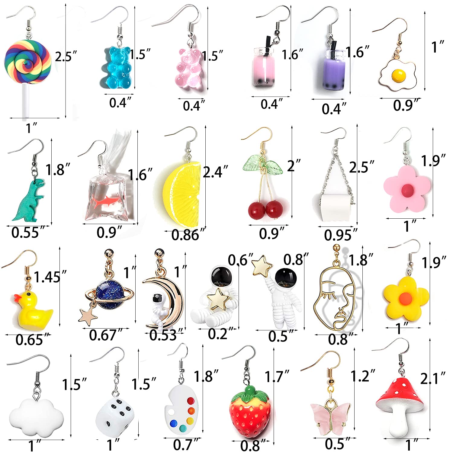 24 Pairs Weird Cute Cool Aesthetic Earrings Alt Accessories Kawaii Indie Funky Y2k Quirky Crazy Funny Novelty Silly Weirdcore Creative Packs Jewelry Set Multipack for Women