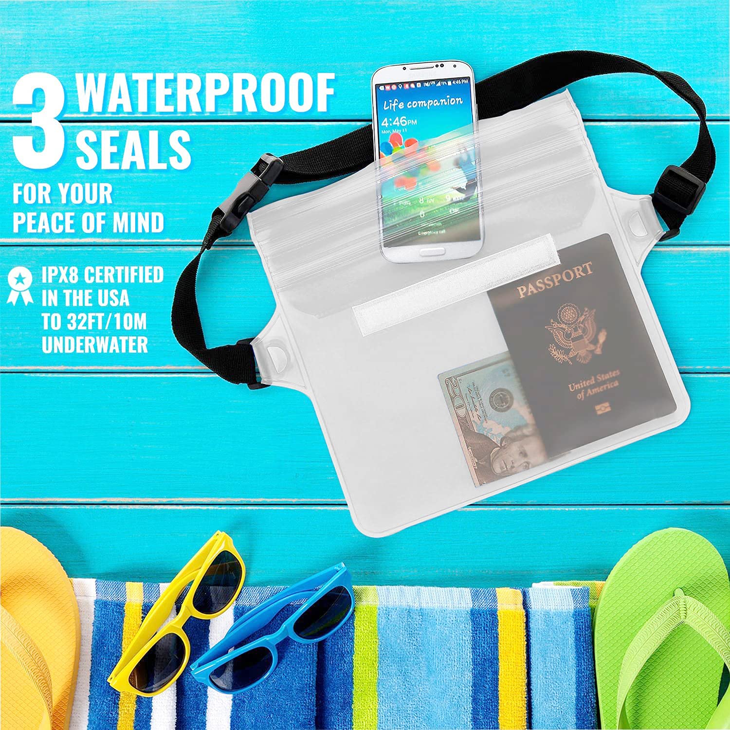 GLBSUNION IPX8 Waterproof Pouch Bag with Adjustable Waist Strap-Screen Touchable Dry Bag with Adjustable Belt for Phone Valuables for Beach Swimming Snorkeling Boating Fishing Kayaking (2 Pack)