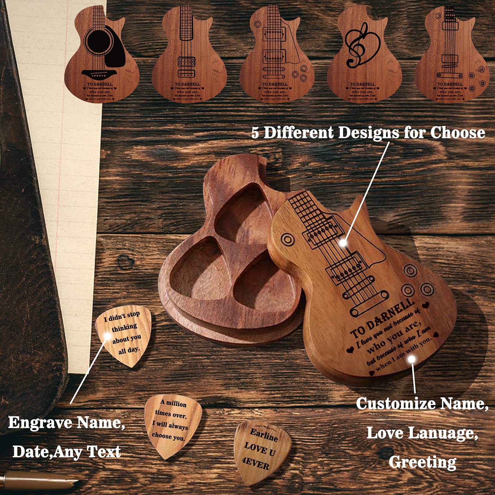 Custom Guitar Pick Holder with 3 Pcs Wooden Guitar Picks, Personalized Guitar Pick Case Box, Engraved Name,Text,Customized Gift for Dad,Husband,Boyfriend,Son,Friends