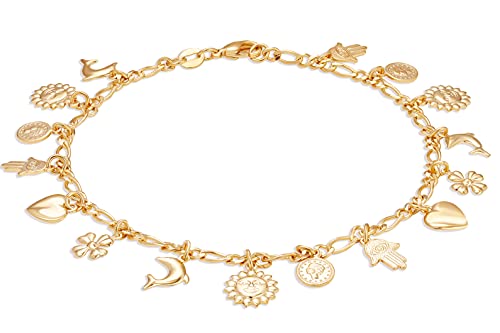 Barzel 18K Gold Plated Charm Anklet, Multi Charm Anklet for Women, 10 Inches - Made In Brazil