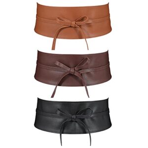 jasgood 3 pack women wrap around obi leather belts pu leather lace up bowknot dress belts ladies retro waistband(black+brown+coffee,suits waist size 37''-42'')