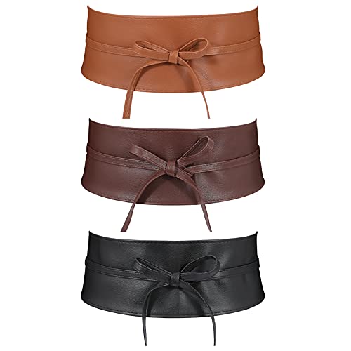 JASGOOD 3 Pack Women Wrap Around Obi Leather Belts PU leather Lace Up Bowknot Dress Belts Ladies Retro Waistband(Black+Brown+Coffee,Suits waist size 37''-42'')